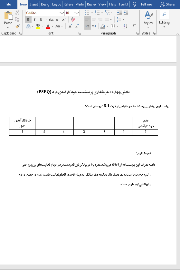 دانلود پرسشنامه تحلیل خودکارامدی درد (PSEQ)